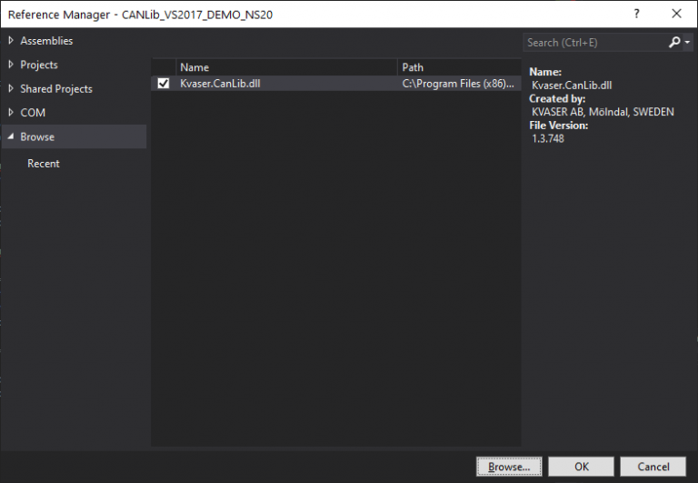 Using CANlib Visual Studio 2017 C# .NET Standard 2.0 - Kvaser